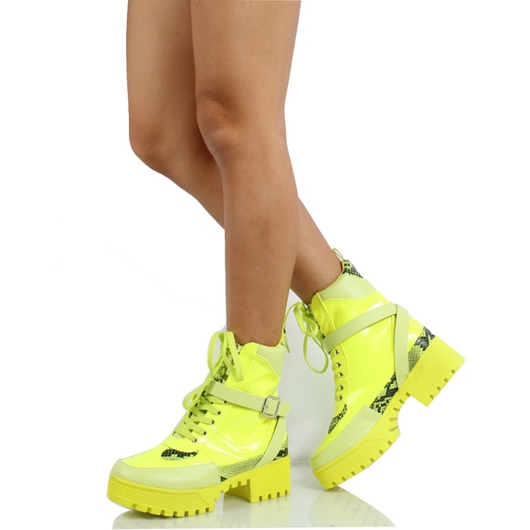 Shoes | Neon Yellow Lace Up Lug Platform Block Heel Boot | Poshmark